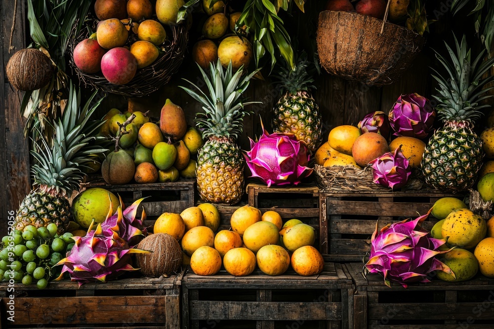 vibrant tropical fruit market stall filled with colorful fruits such as ...