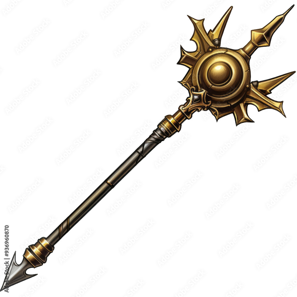 A detailed illustration of a golden spiked mace, showcasing its ...
