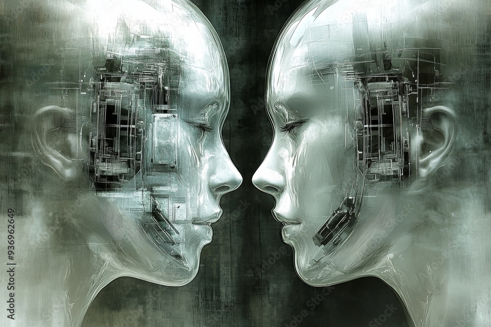 Abstract digital art of two robotic faces merging with circuitry ...