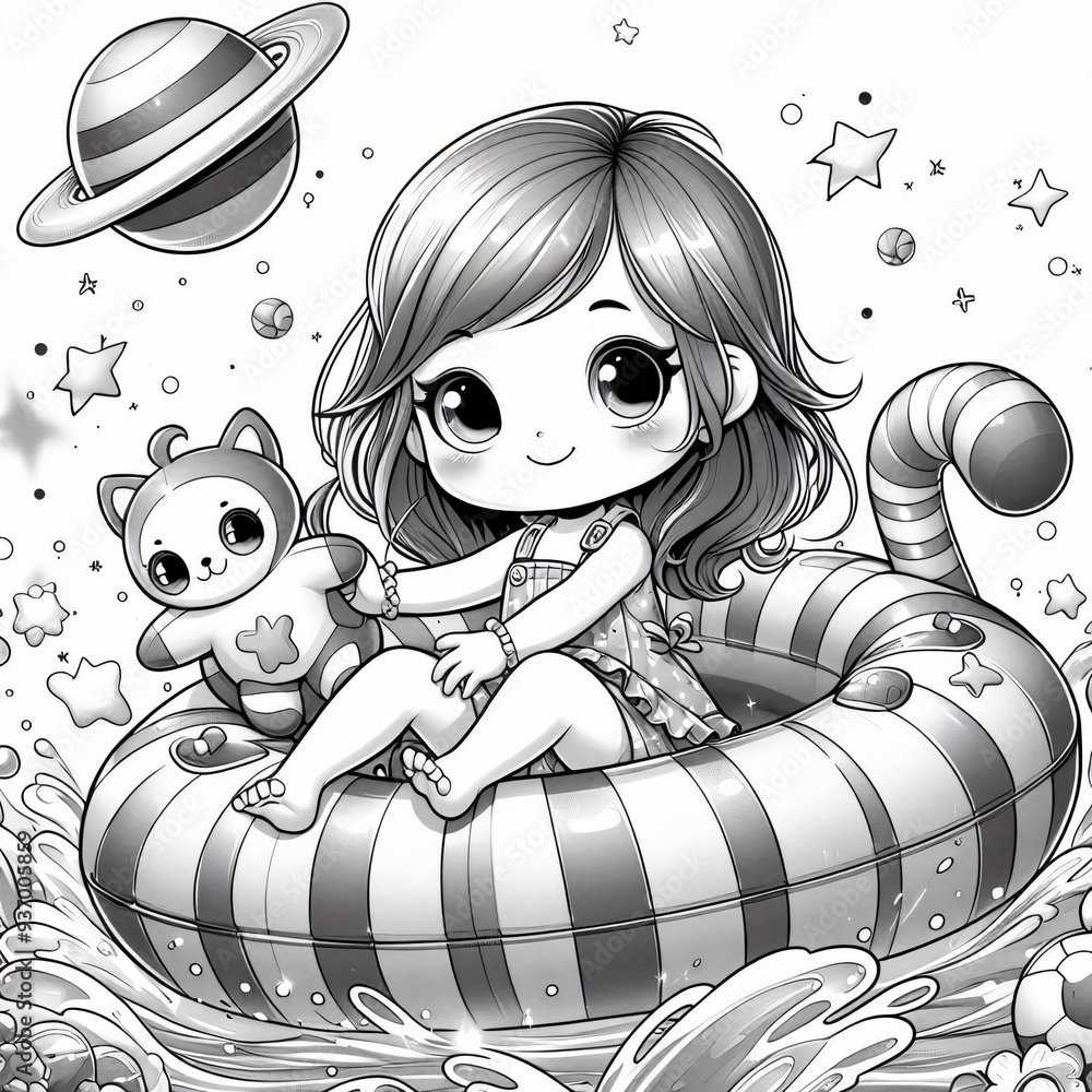 Cute anime girl floats in space on a striped inner tube, accompanied by ...