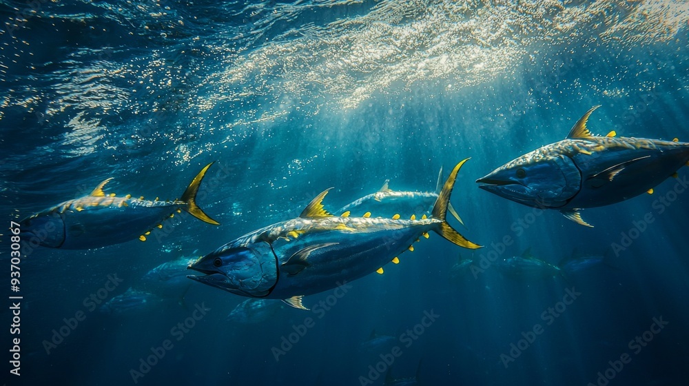 breathtaking view of a group of tuna swimming in the open ocean ...