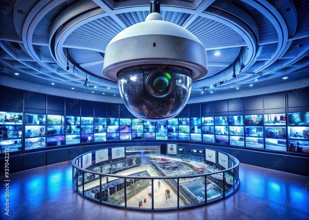 High-tech 360-degree camera surrounded by multiple LED screens ...