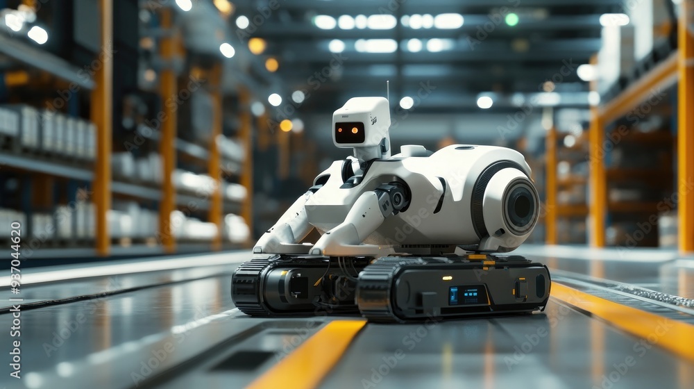 Autonomous robotic system navigating a factory floor, performing tasks without human ...