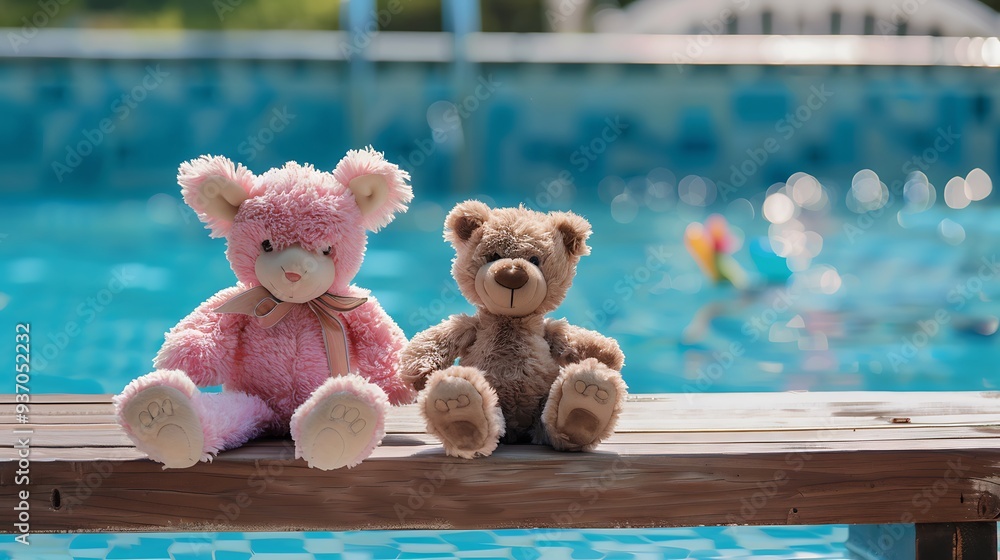 Little pink rabbit and brown teddy bear sitting on wooden bench over ...