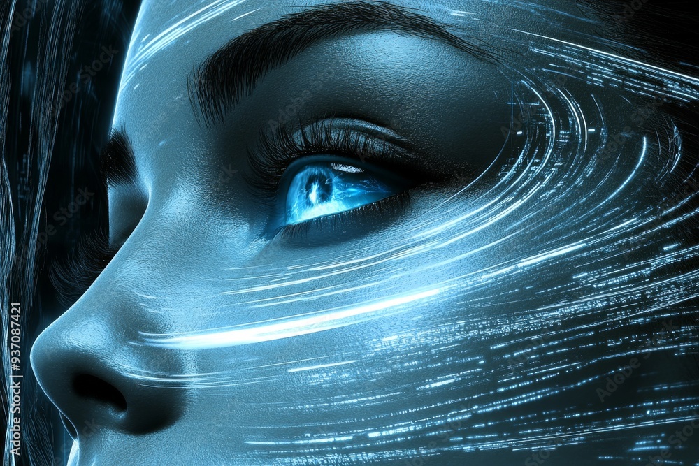 Profile of a woman with futuristic glowing blue facial patterns ...