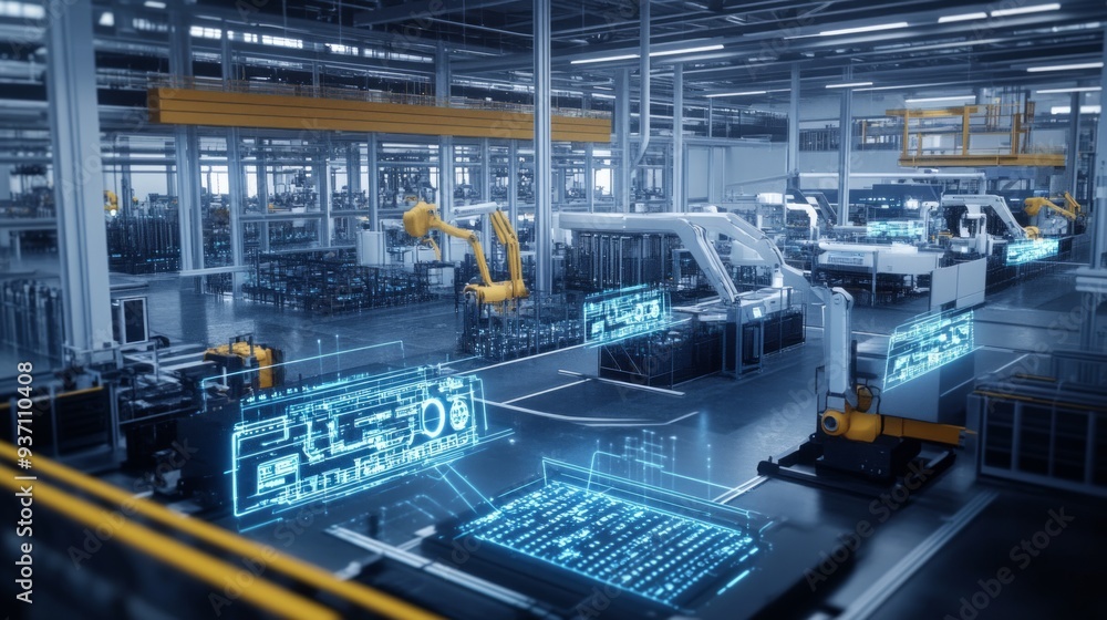 Stock-Illustration „Futuristic industry 4 0 factory floor with robots ...