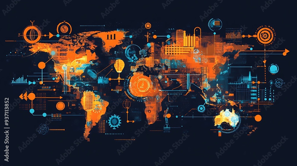 A digital world map with integrated technological and economic icons ...
