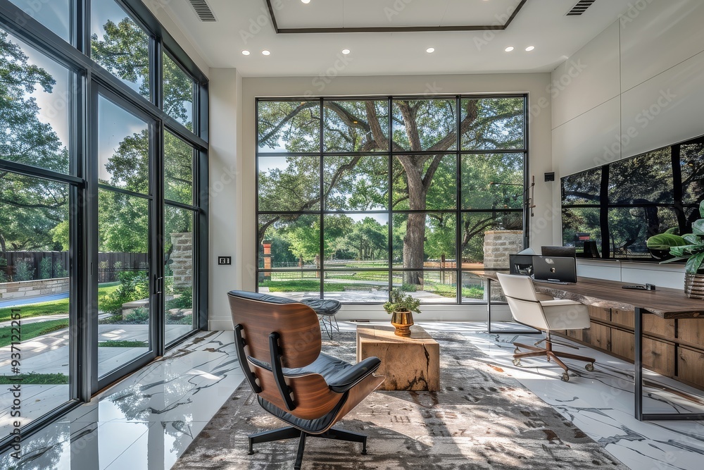 Foto de Stock Mid-Century Modern Home Office with Large Windows ...