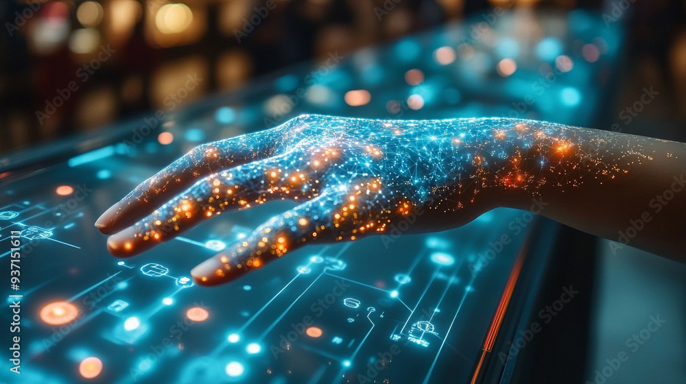 human hand morphing into a digital hand symbolizes the fusion of ...