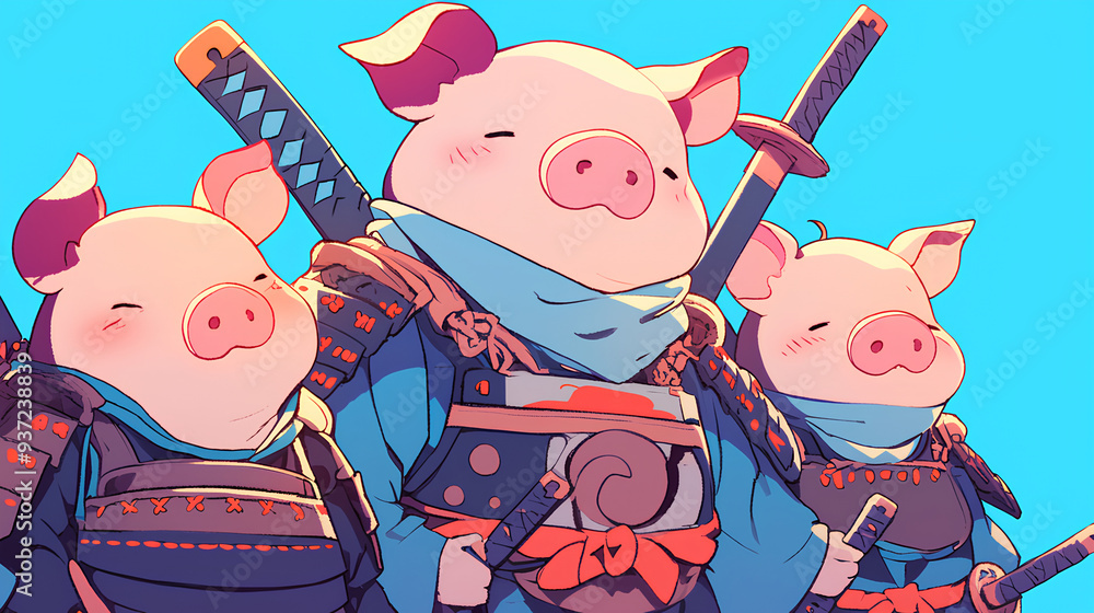 Cute pig wearing Japanese samurai armor, cool poses, cute kawaii ...