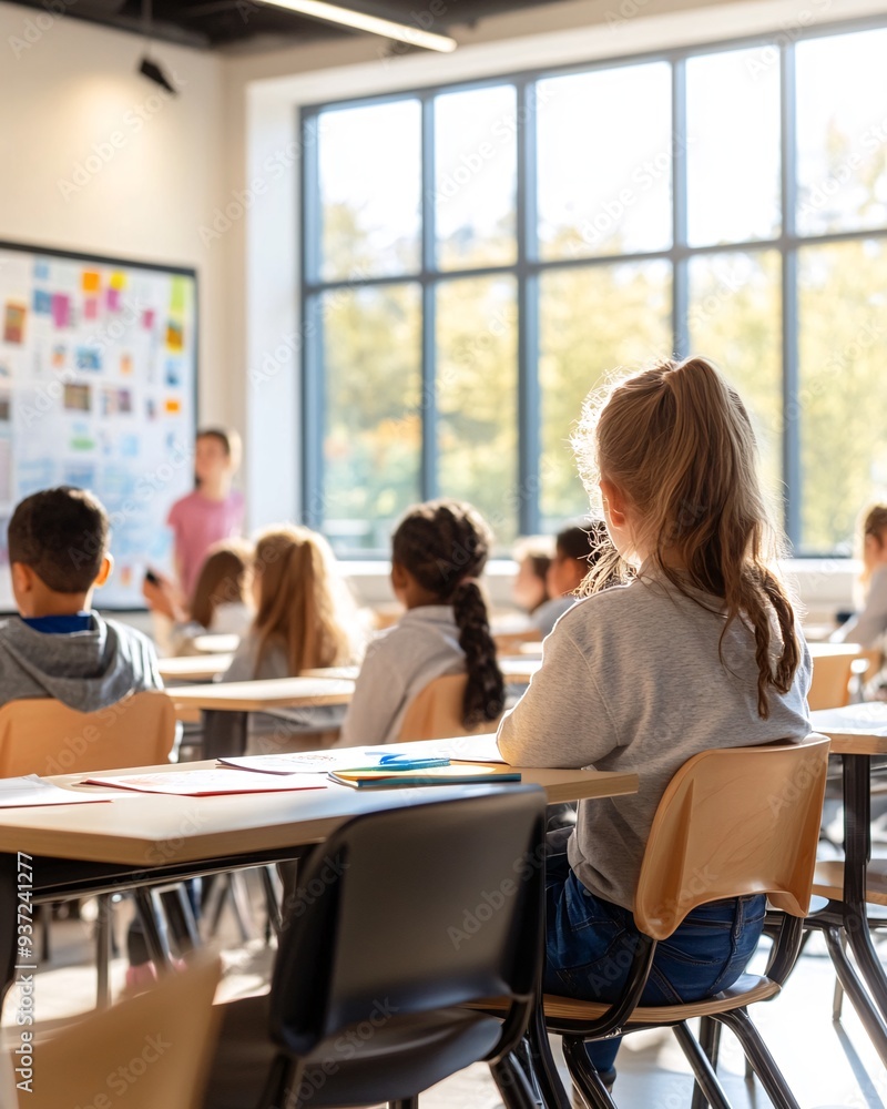 Elementary School Children Listening Attentively in a Bright Classroom ...