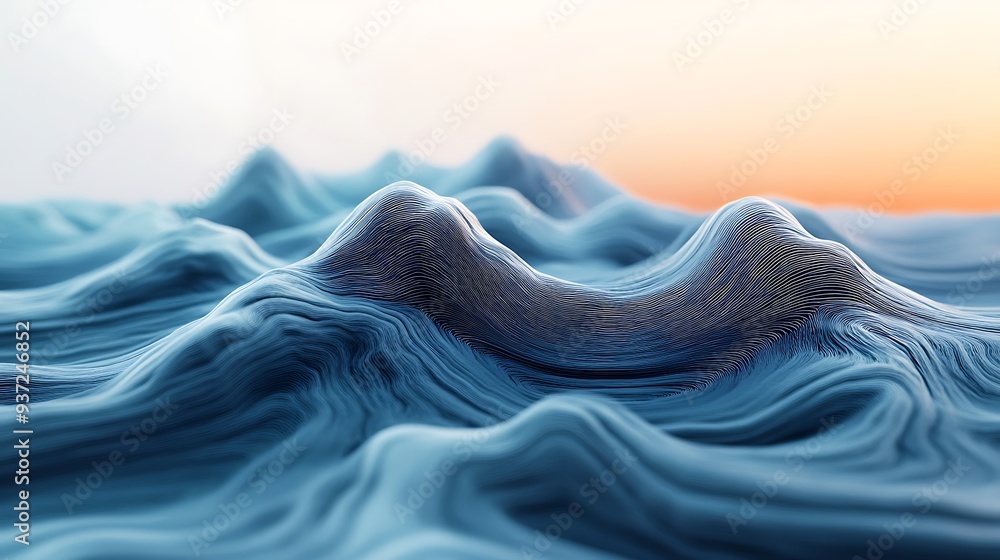 Abstract blue wavy landscape background, blending organic forms with a ...