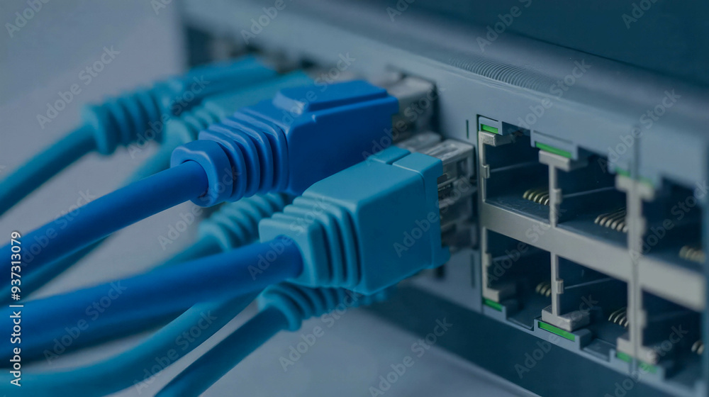 Multiple blue Ethernet cables are plugged into a network switch, highlighting the connections ...