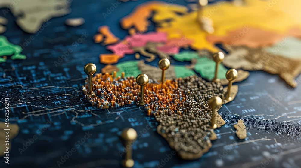 A detailed world map featuring geographical pins and vibrant colors ...