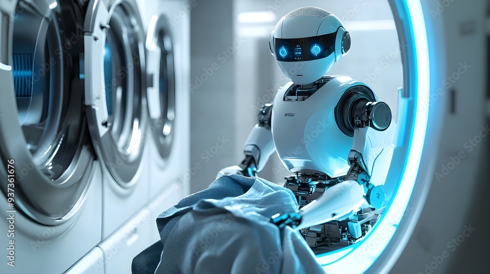 Robotic helper aiding with household chores efficiently placing clothes ...