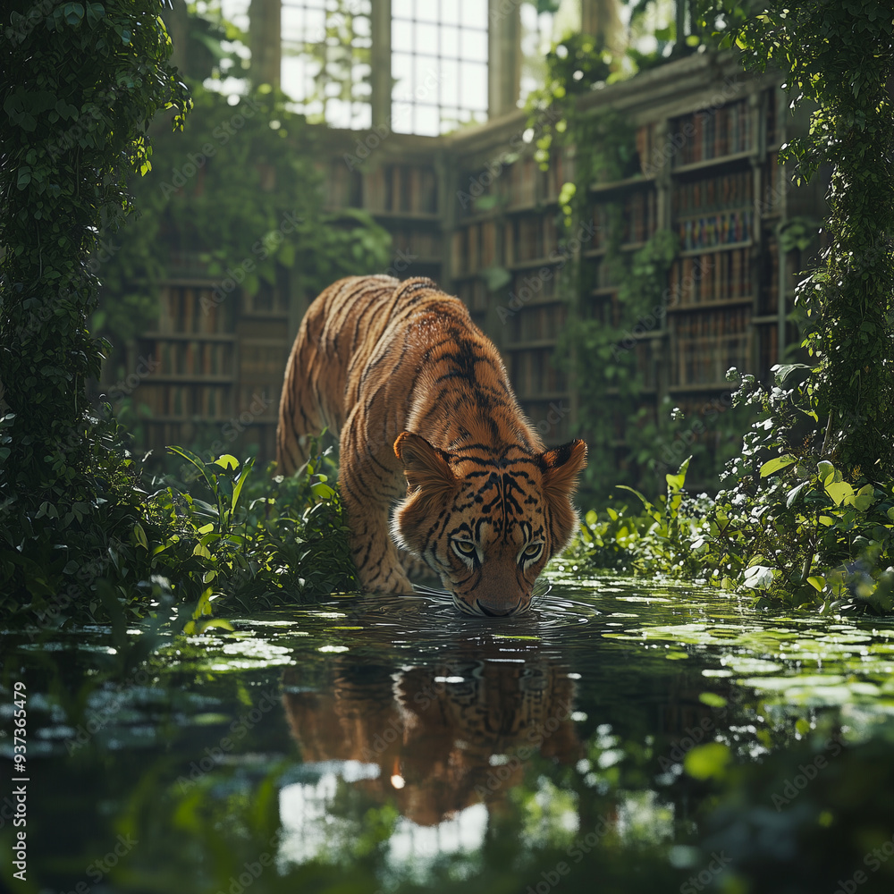 A Bengal tiger drinks water from a puddle in a jungle and is growing ...