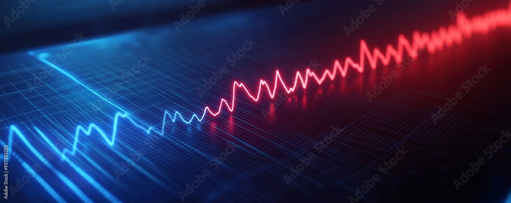 A graph with red and blue lines that are connected. The red line is ...