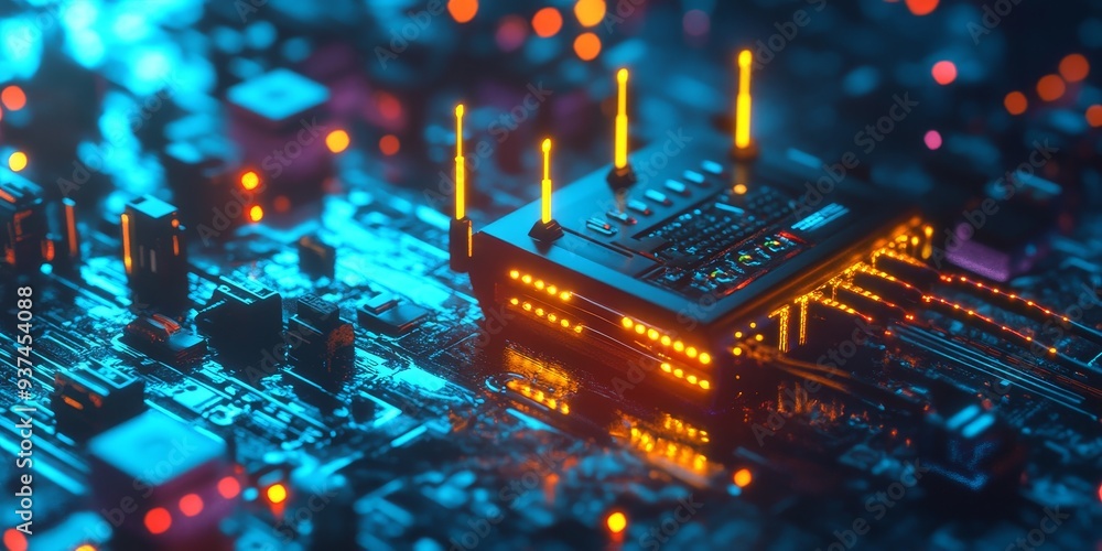 Detailed image of a secure Wi-Fi router, multiple layers of encryption, glowing security ...