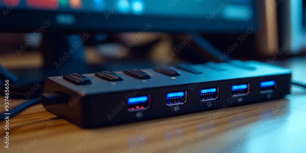 Macro shot of a USB hub, multiple ports in use, devices connected, slim ...
