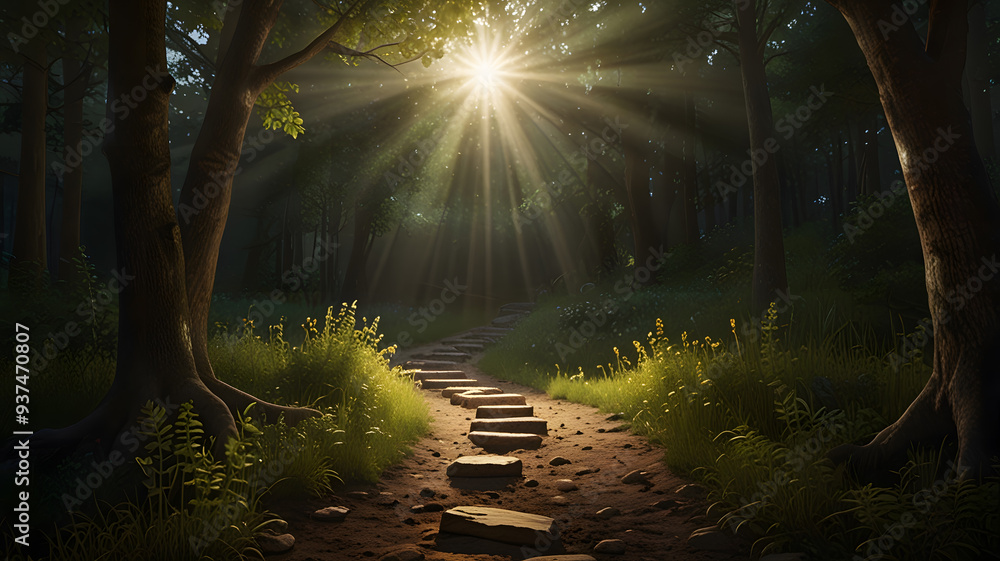 Psalm 119, depicting a path through forest illuminated by a radiant ...