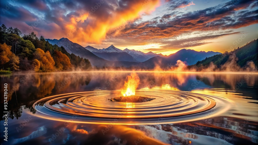 A burning halo surrounds the lake's tranquil waves, dusk casting a ...