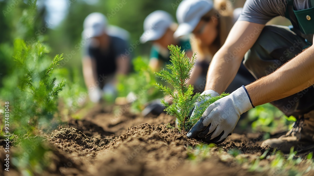 Conservationist team planting trees in a reforestation project to ...
