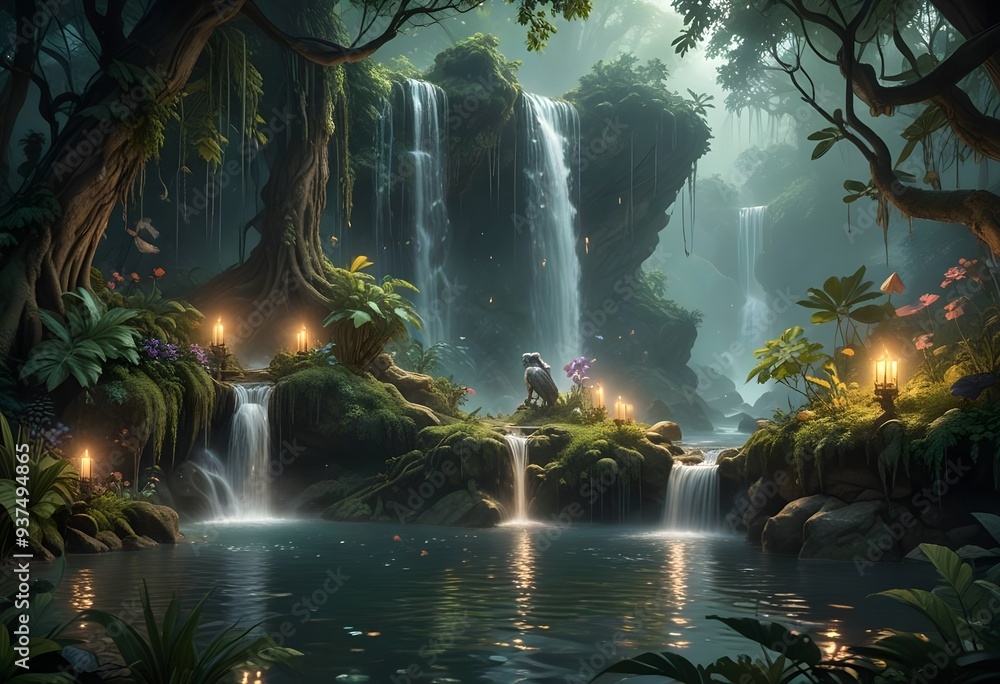 A hidden waterfall deep in an enchanted forest, where the water glows ...