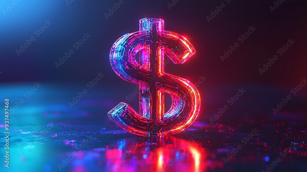 Neon dollar sign, red and blue glowing, 3D currency symbol, financial ...
