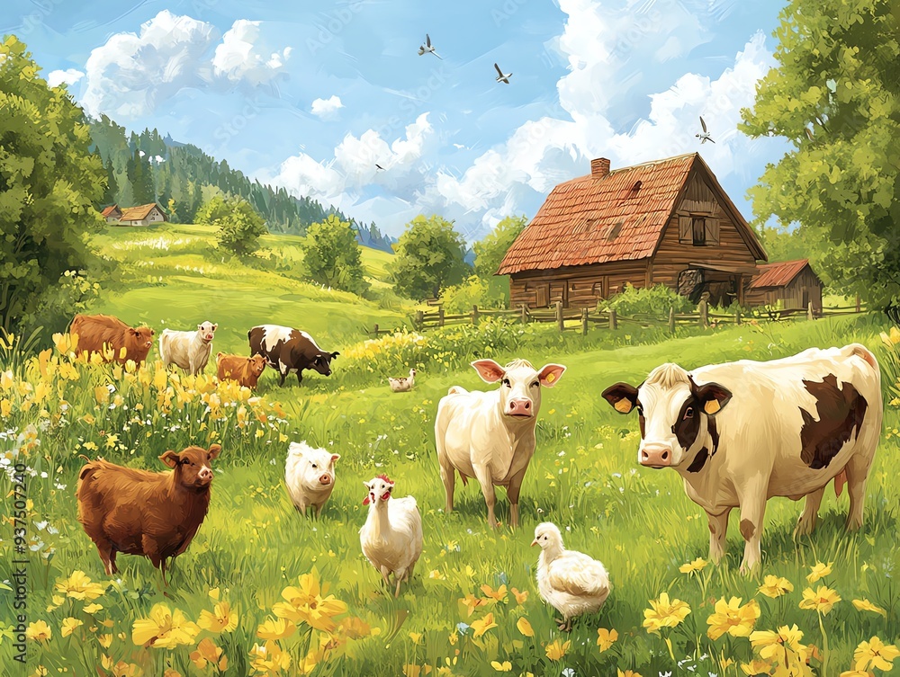 Rural farm with a mix of livestock, including cows, pigs, and chickens ...