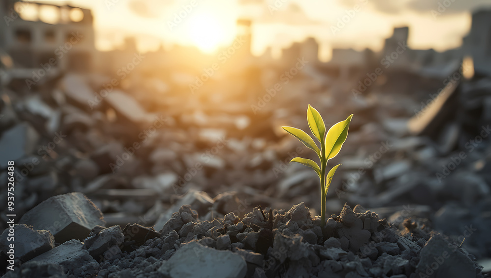 Small plant sprouts through rubble, symbolizing hope and resilience ...
