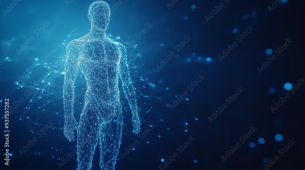 Glowing 3d hologram human body structure on dark background for medical ...