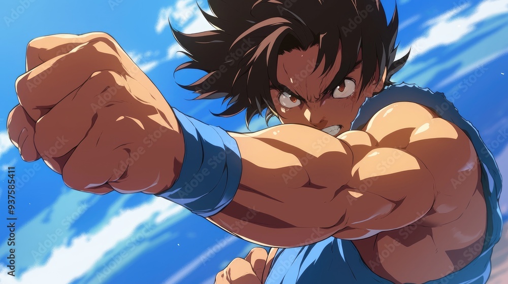 Muscular anime character with clenched fist in a blue shirt, looking ...