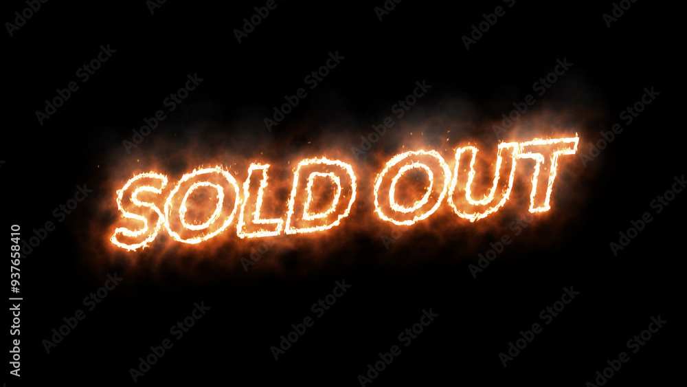 Sold Out announcement sign. High demand for a product. Fire effect with ...