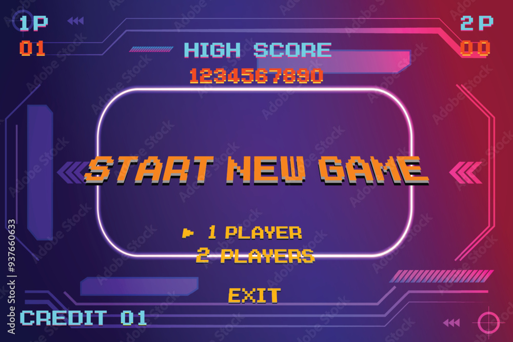 Start new game. Retro Video Game Background, circuit technology background design. UI HUD Stock ...