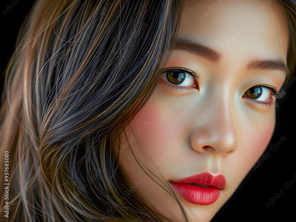 Most beautiful girl, pretty face, skincare Asian model, eyes closed ...