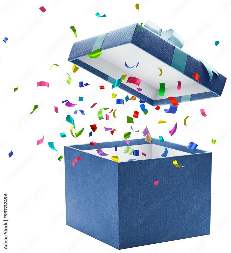 Confetti popping out from blue gift box Stock Photo | Adobe Stock