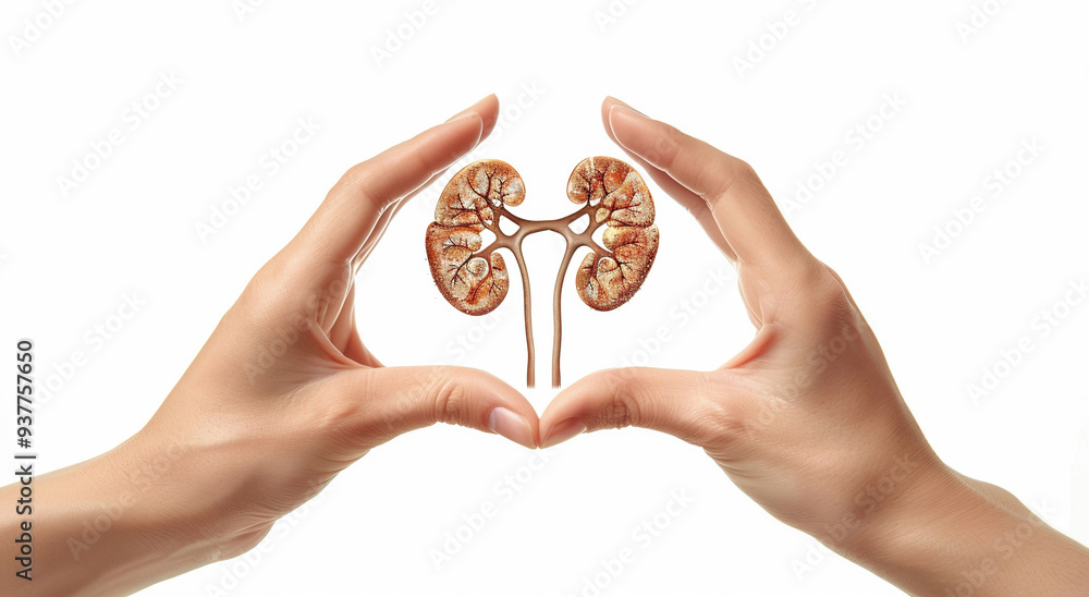 Two hands making a heart shape with a realistic human kidneys in white ...
