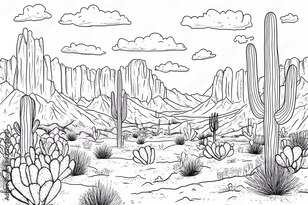 Arizona desert with cacti and mountains, simple line art coloring page ...