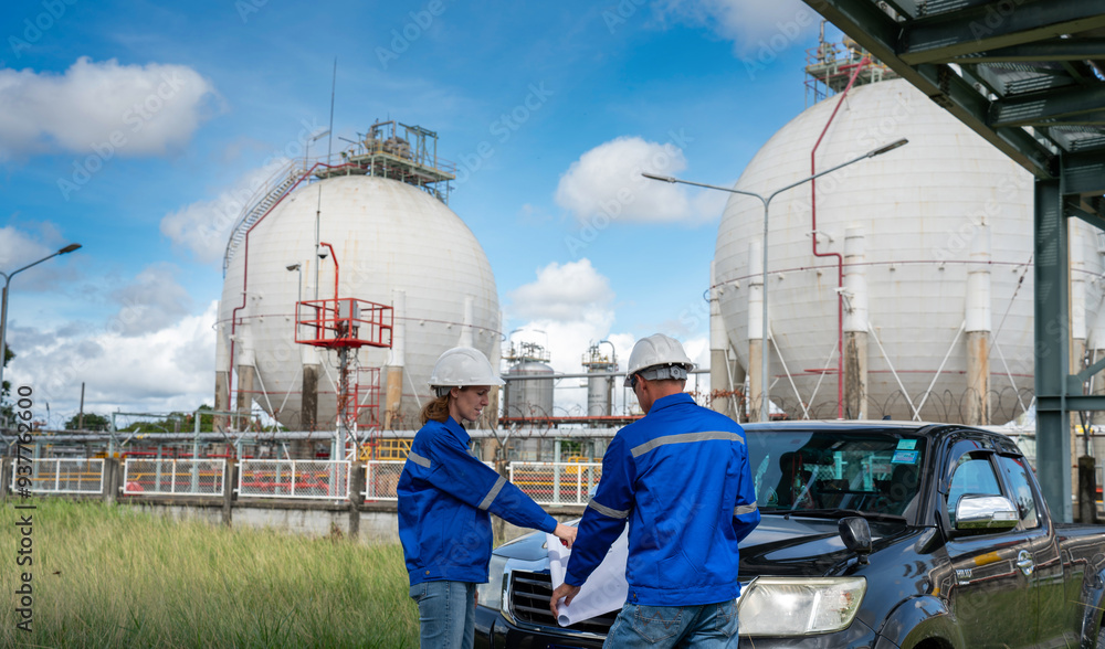 Team Petroleum chemical engineer discussion about blueprint drawings ...