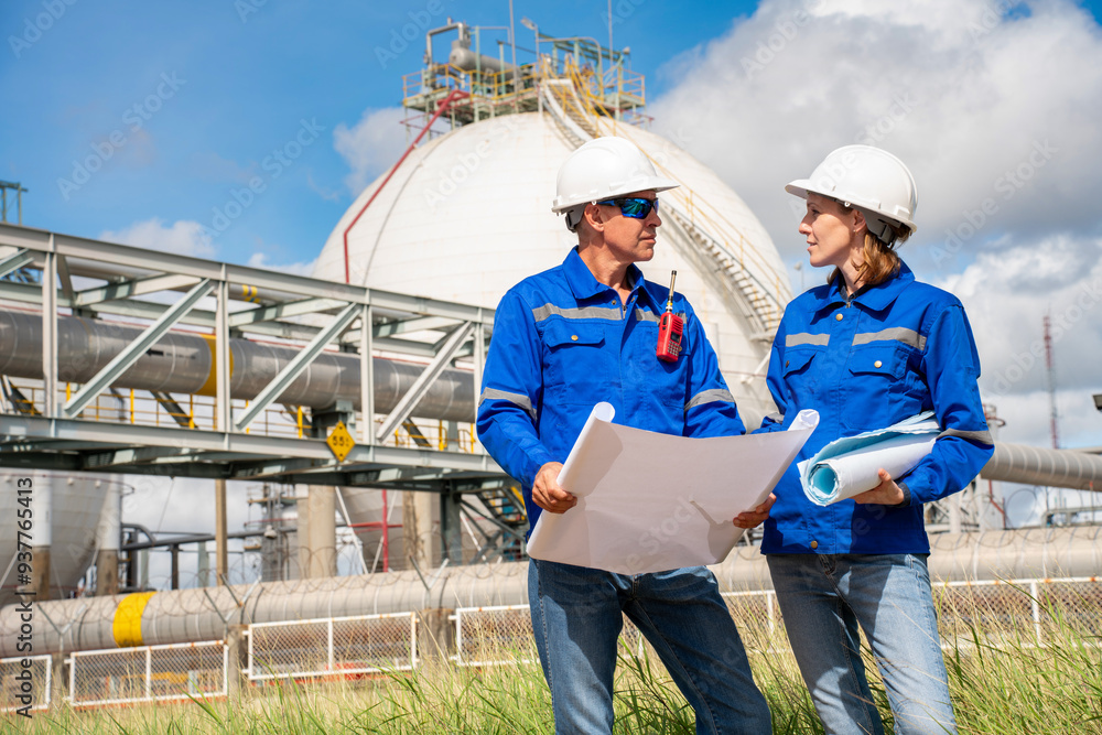 Team Petroleum chemical engineer discussion about blueprint drawings ...