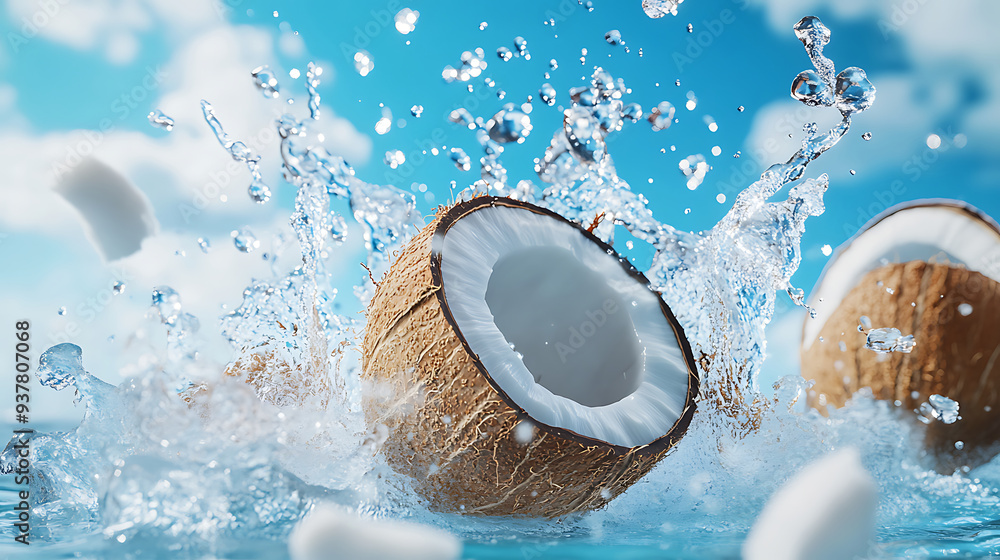 Coconut juice waterfall splash,Food shot, super wide Angle, liquid ...