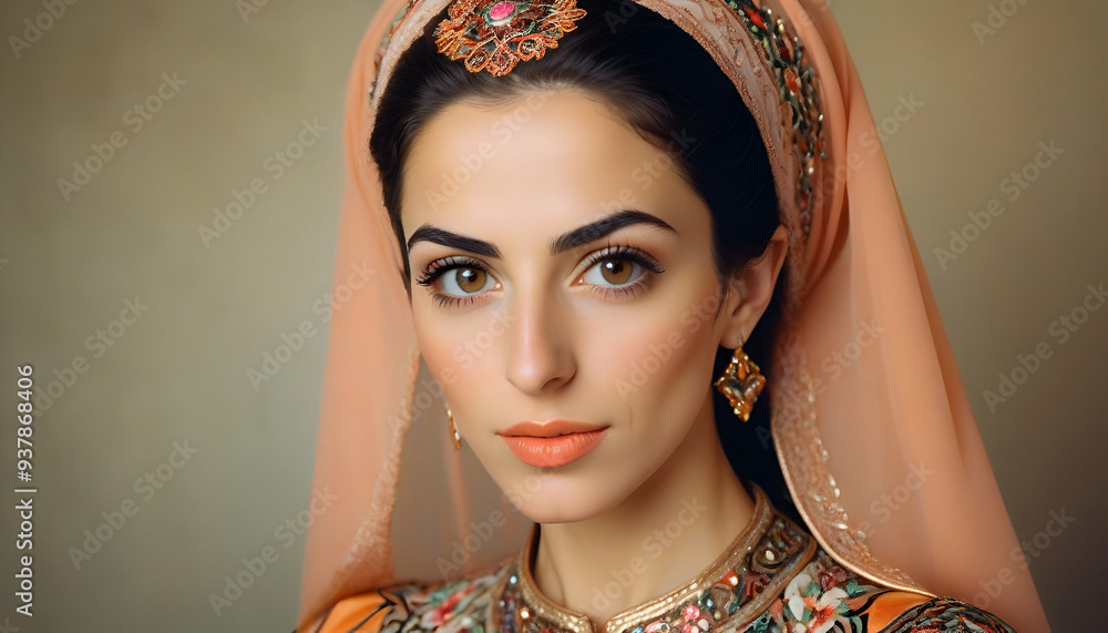 Close-Up Confident Iranian Woman in Traditional Dress with Bold Peach ...