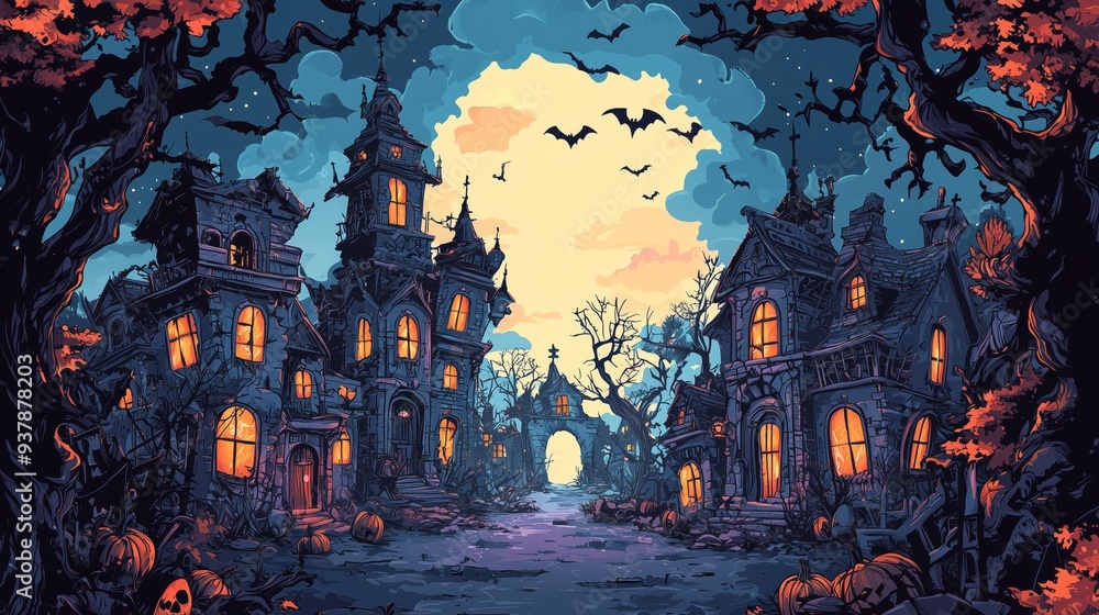 Haunted Halloween street scene with eerie, spooky houses, glowing ...