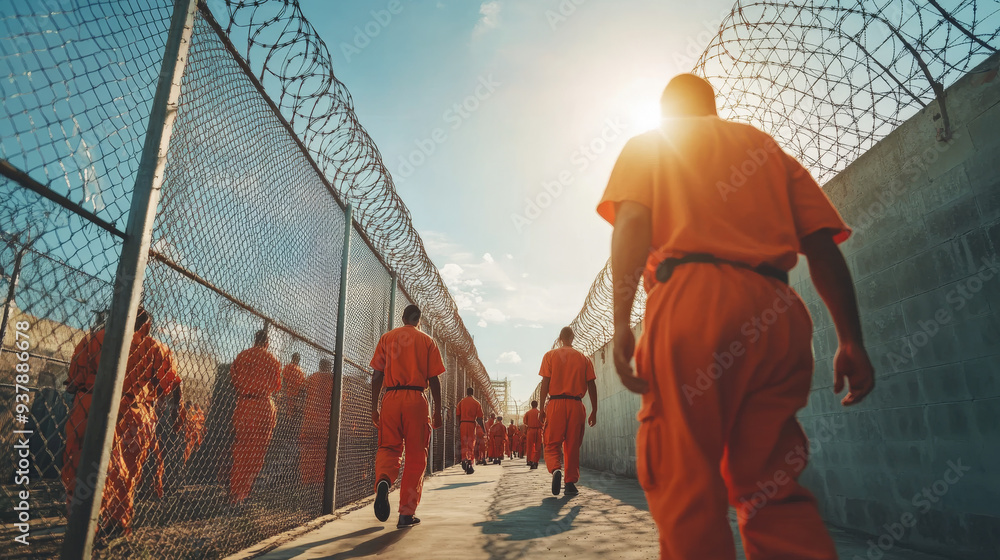 A group of inmates in orange jumpsuits walking in a prison yard ...