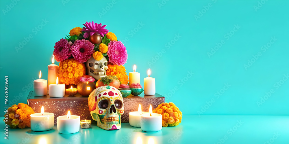 3D Glowing Digital Ofrenda with Neon Light Effects concept as A vibrant ...