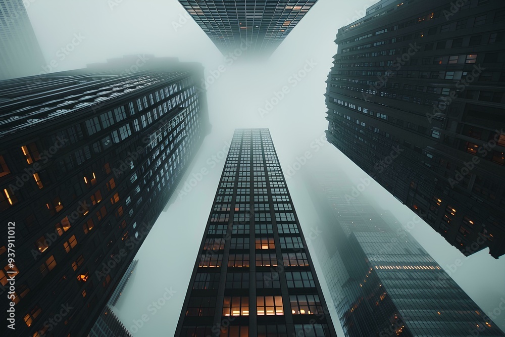 Foggy day in New York City, skyscrapers with glass facades, cloudy sky ...