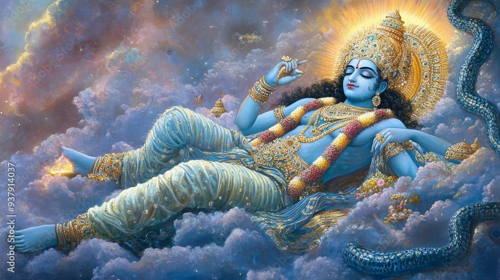 Cosmic Ocean: Vishnu Reclining on Shesha Serpent Stock Illustration ...