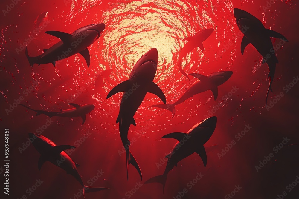 Silhouettes of sharks swimming in a dramatic red ocean light, creating ...