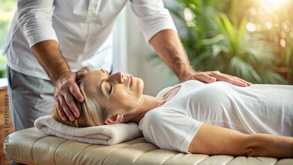 gentle fingers applying pressure to tense muscles, soothing warmth of a ...