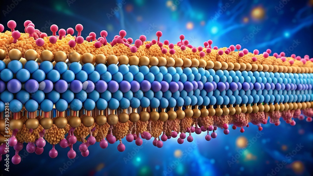 Molecular model of a lipid bilayer, a thin biological membrane composed ...